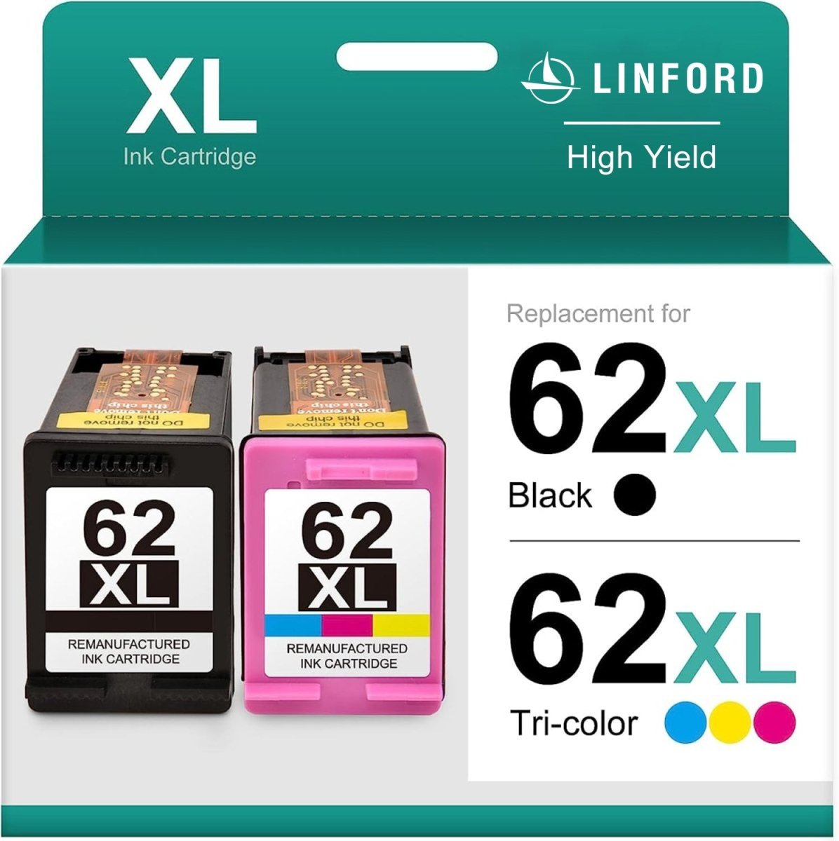 HP 62XL/62 High Yield and Standard Black Tricolor Ink Cartridges
